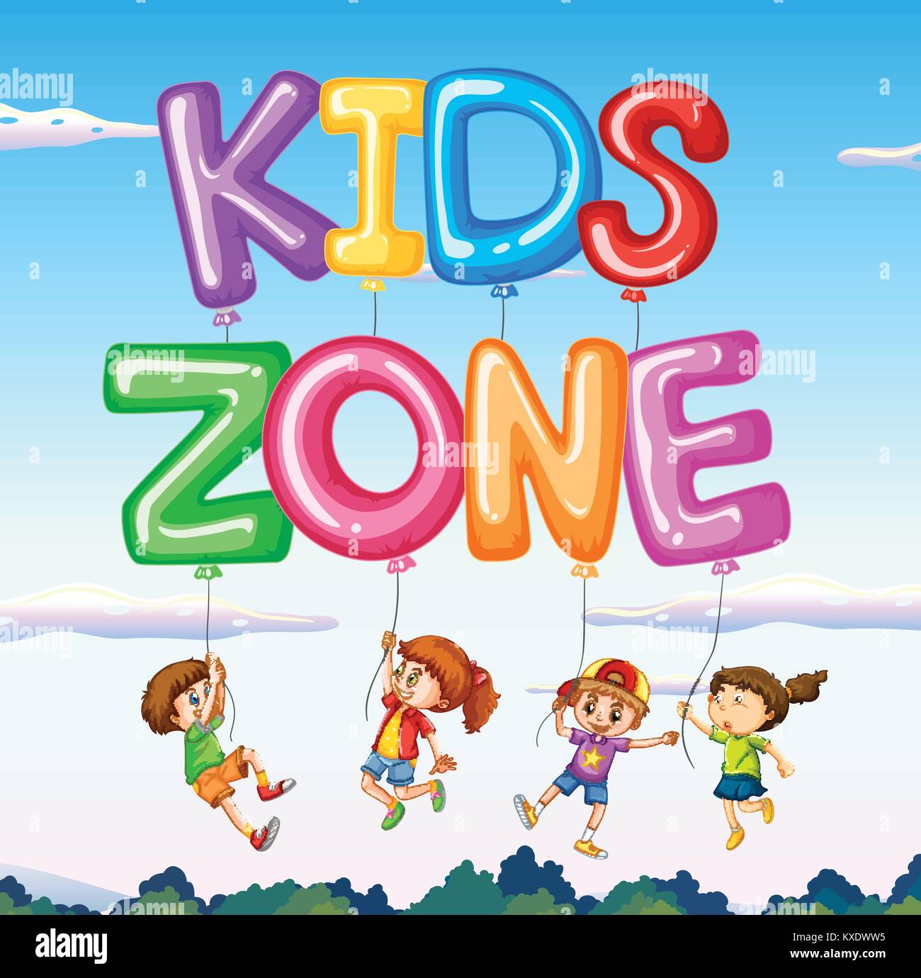 Kids zone with kids and balloon with sky background illustration Stock ...