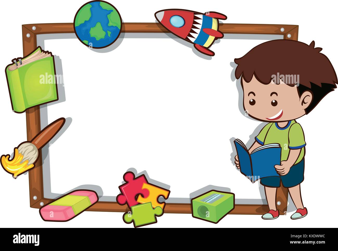 Border template with boy reading book illustration Stock Vector Image ...