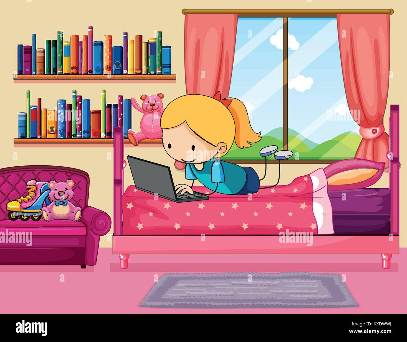 Little girl working on computer in bedroom illustration Stock Vector ...