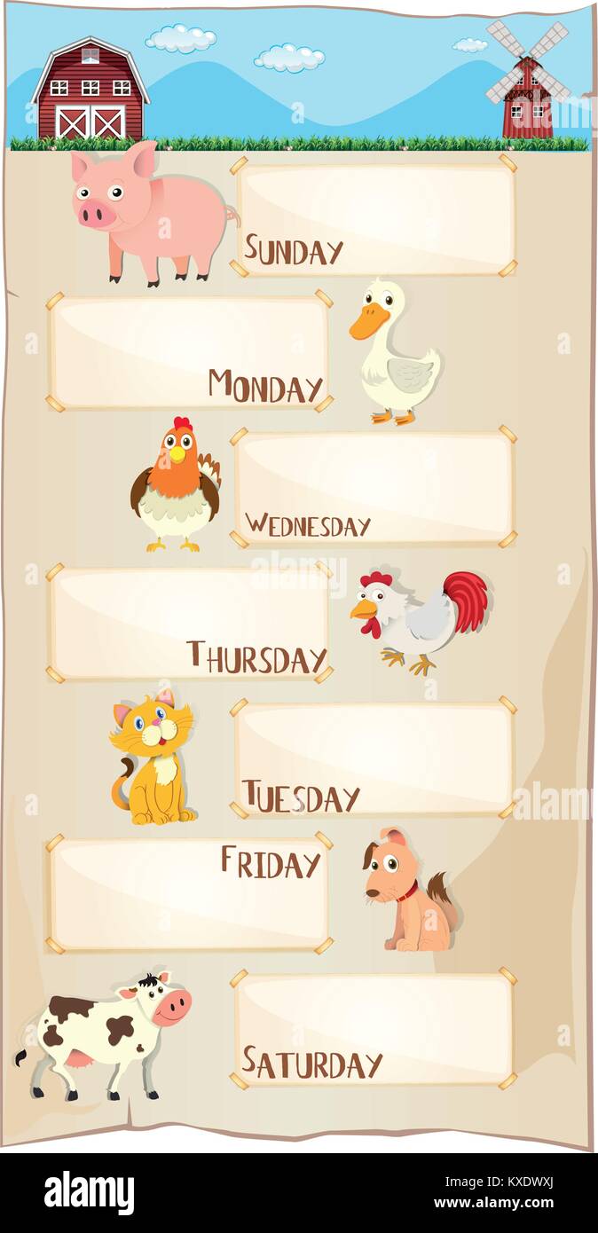 Days of the week poster with farm animals illustration Stock Vector ...