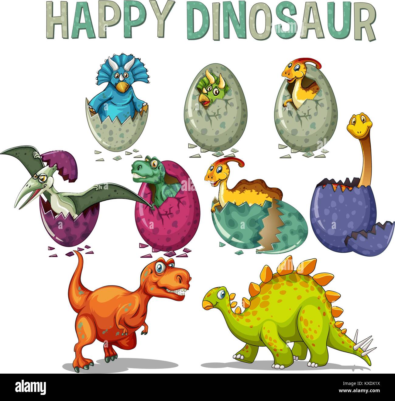 Happy dinosaur with dinosaurs hatching eggs illustration Stock Vector ...