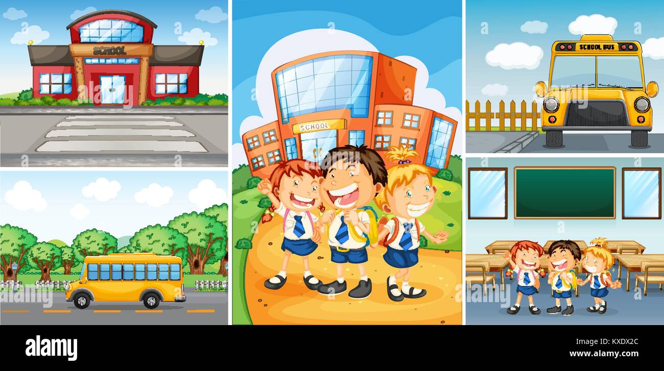 Children and different school scenes illustration Stock Vector Image ...