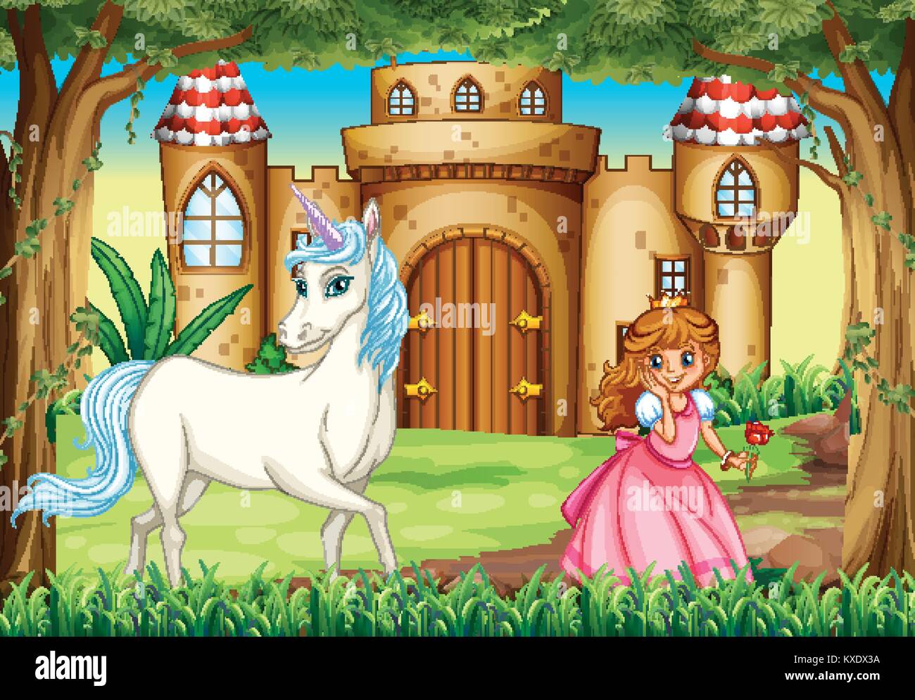 Scene with princess and unicorn illustration Stock Vector Image & Art ...
