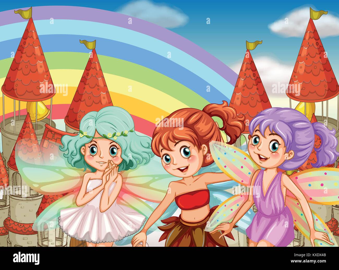 Three fairies and rainbow background illustration Stock Vector Image ...