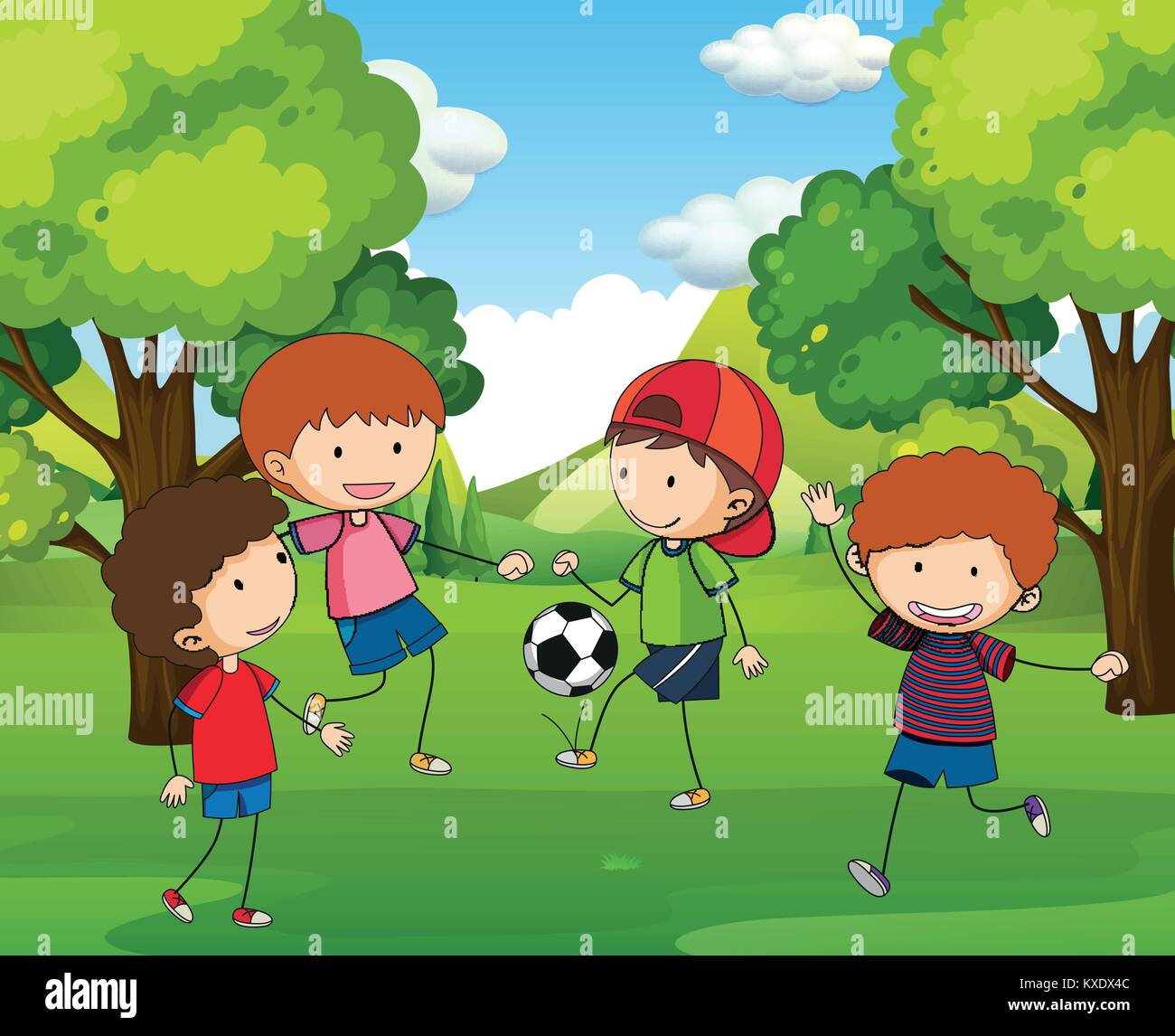 Kids Playing Football In The Park Cartoon