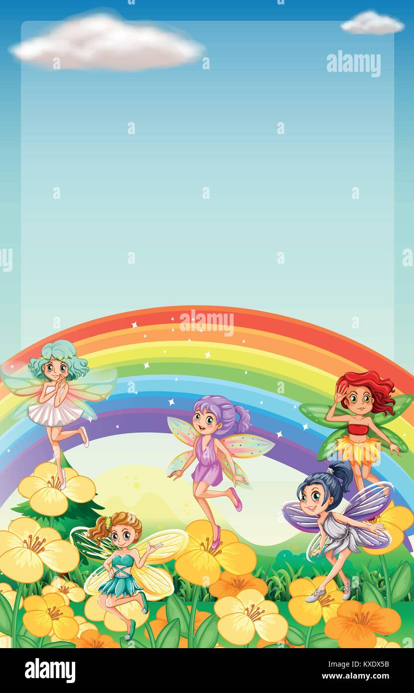 Background scene with fairies flying over rainbow illustration Stock ...