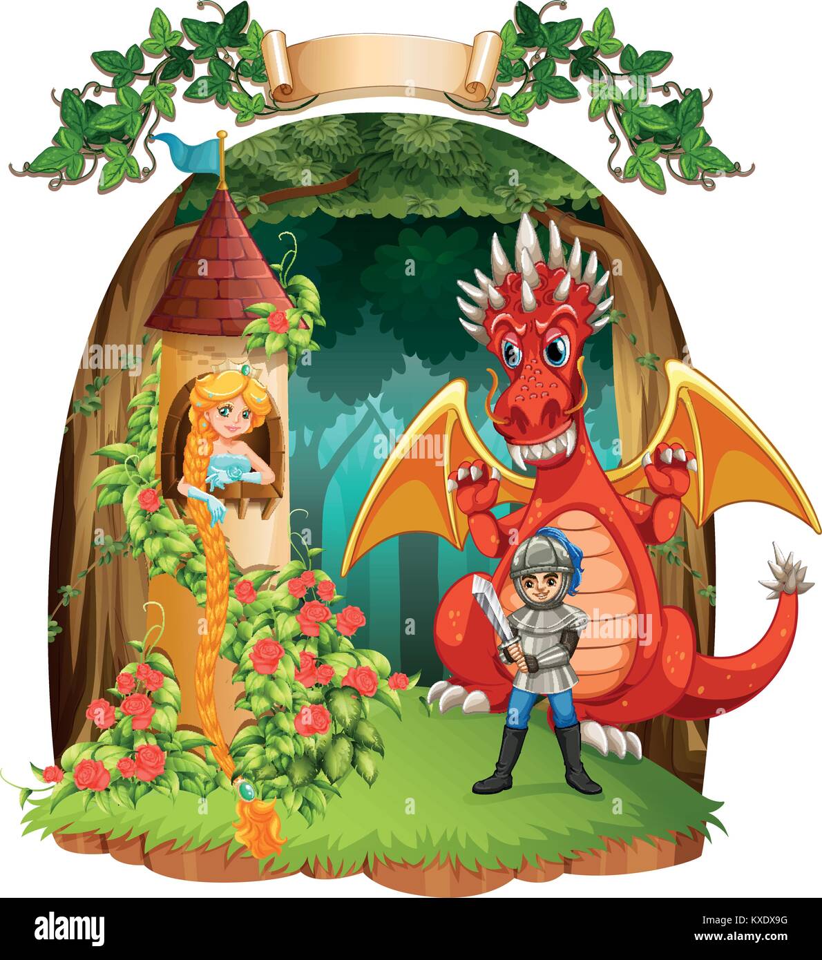 Scene with knight saving princess from the dragon illustration Stock ...