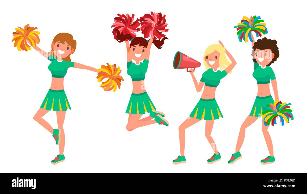 Cheerleading Team Vector. In Action. Sport Fan Dancing. Posing With ...