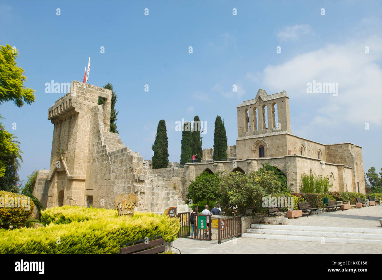 The entrance of Bellapais Abbey with people going in, Cyprus Stock ...