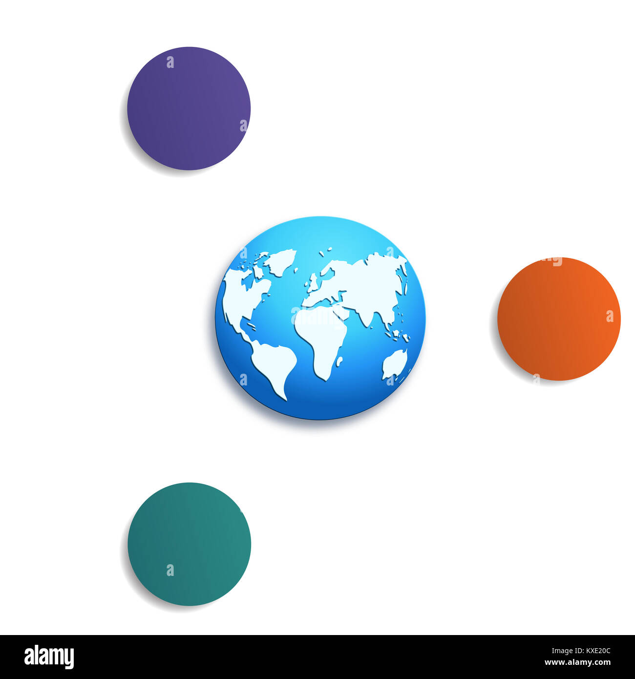 Illustration 3 colored circles with space for text around the world map ...