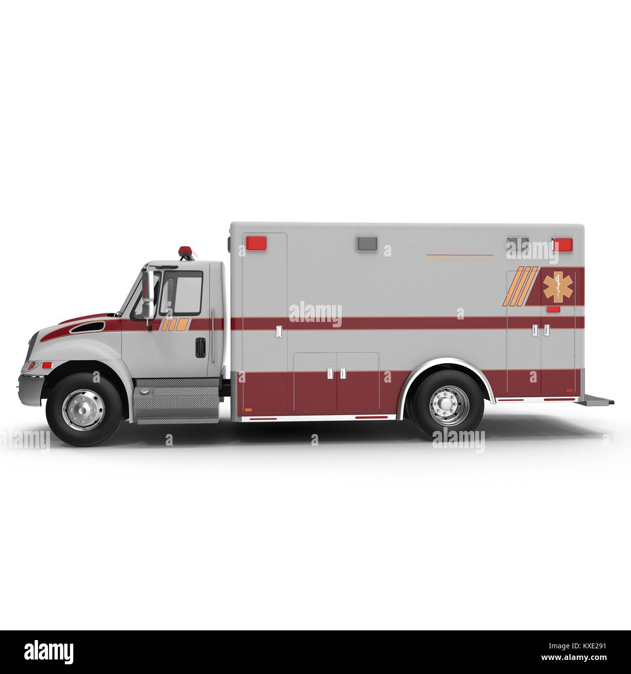 Side view Emergency ambulance car isolated on white Background. 3D ...