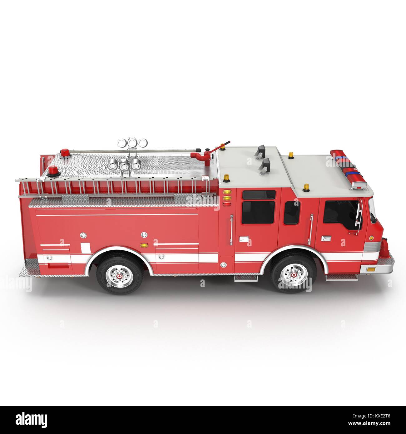 Side view Fire truck or engine Isolated on White. 3D illustration Stock ...