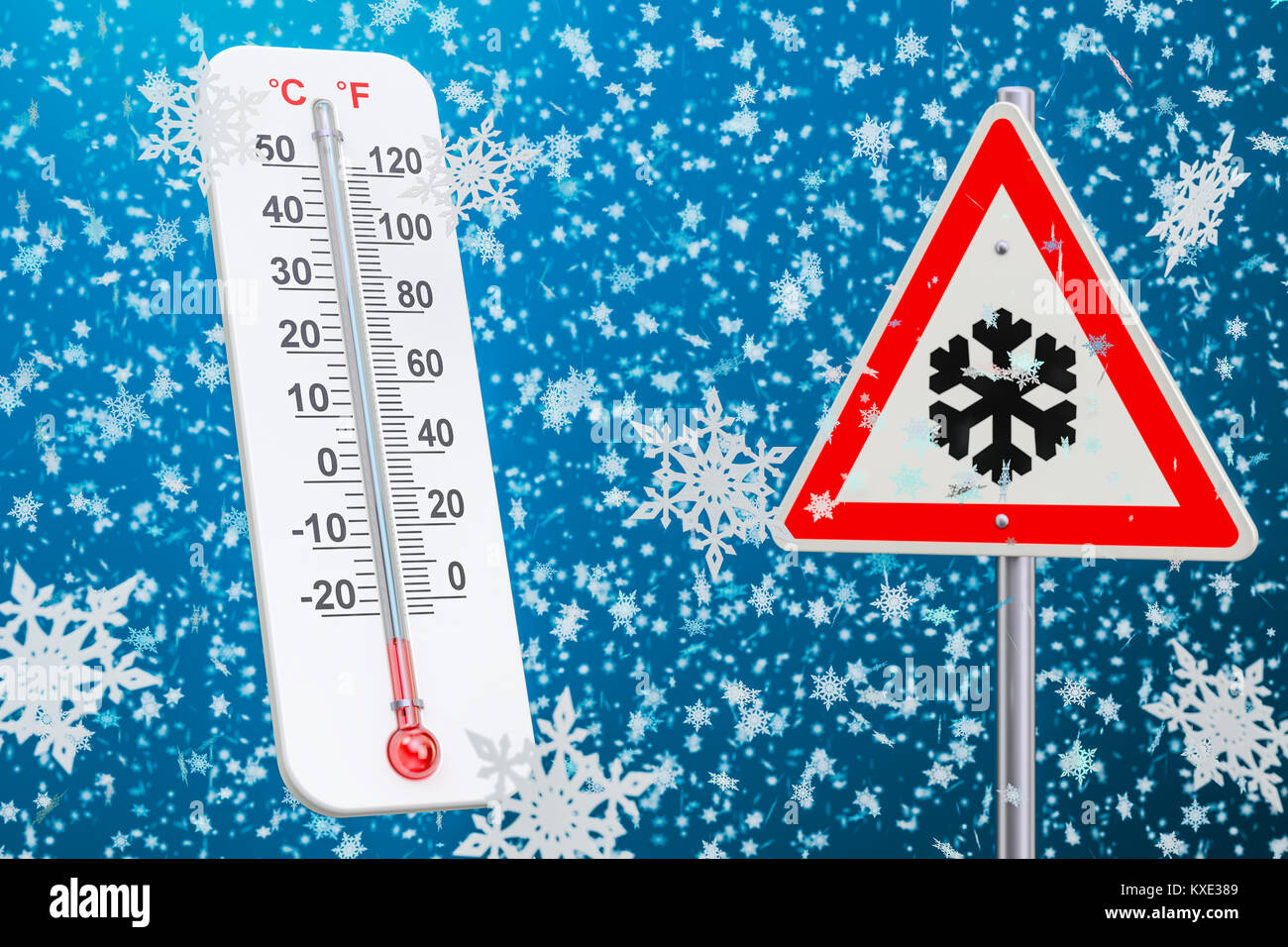 Snow hurricane, blizzards and subzero temperatures concept, 3D ...