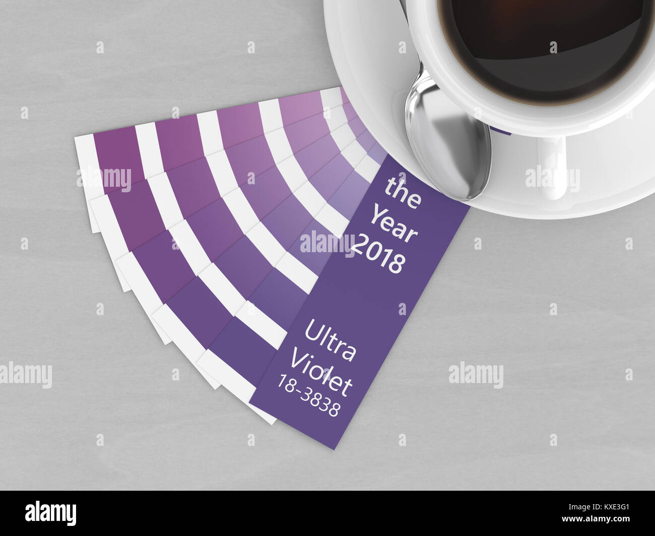 3d render of ultraviolet color palette guide with coffee lying on table ...