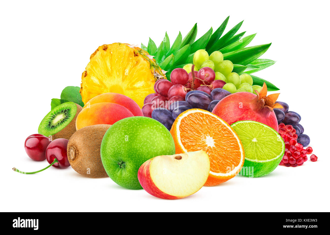 Heap of different fruits and berries isolated on white background Stock ...