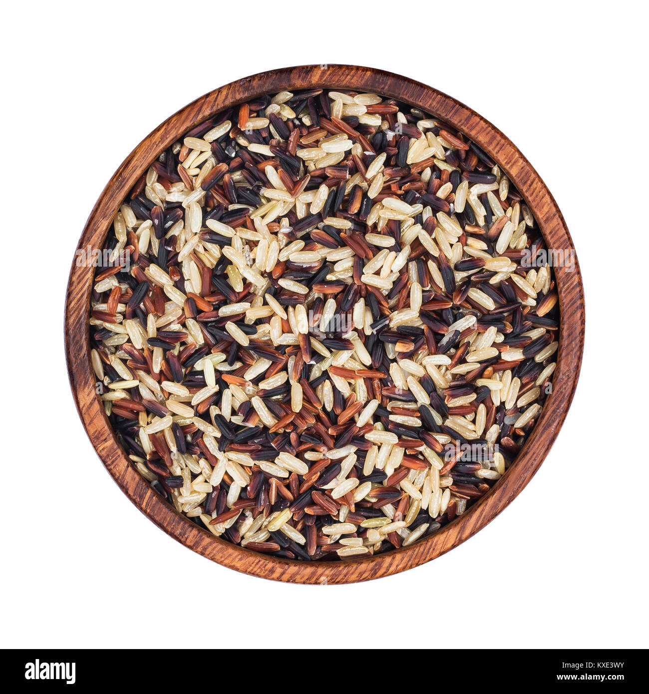 Mixed rice in wooden bowl isolated on white background. Black, red ...