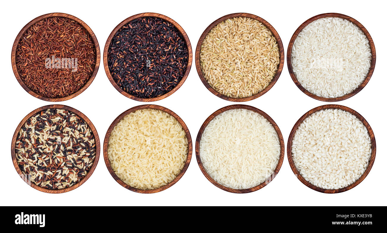 Rice collection isolated on white background. Top view Stock Photo - Alamy