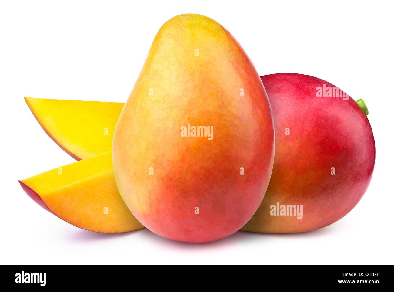 Two mangoes with slices isolated on white background, with clipping ...