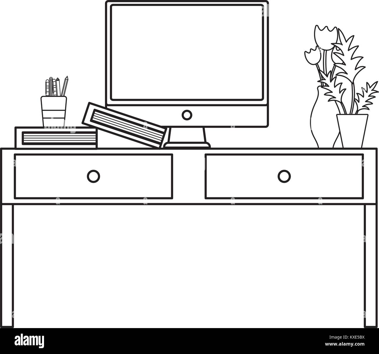 line wood desk object with drawers and computer Stock Vector Image ...