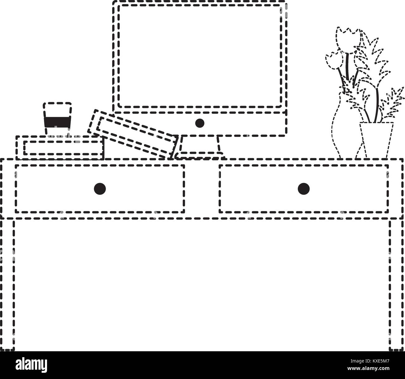 dotted shape wood desk object with drawers and computer Stock Vector ...