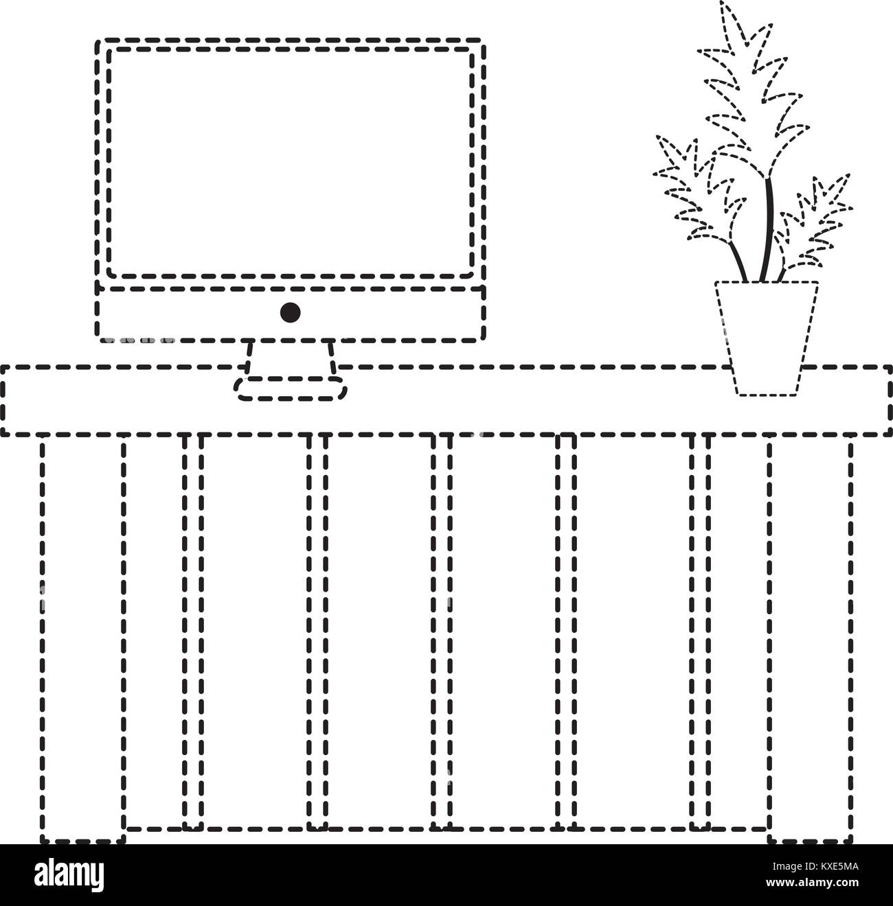 dotted shape wood desk with computer screen and plant Stock Vector ...