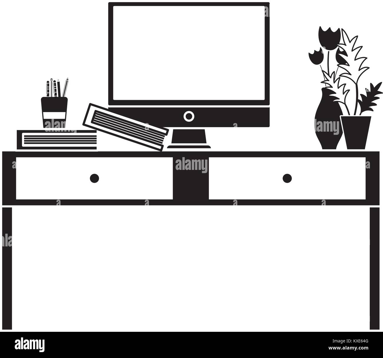 contour wood desk object with drawers and computer Stock Vector Image ...