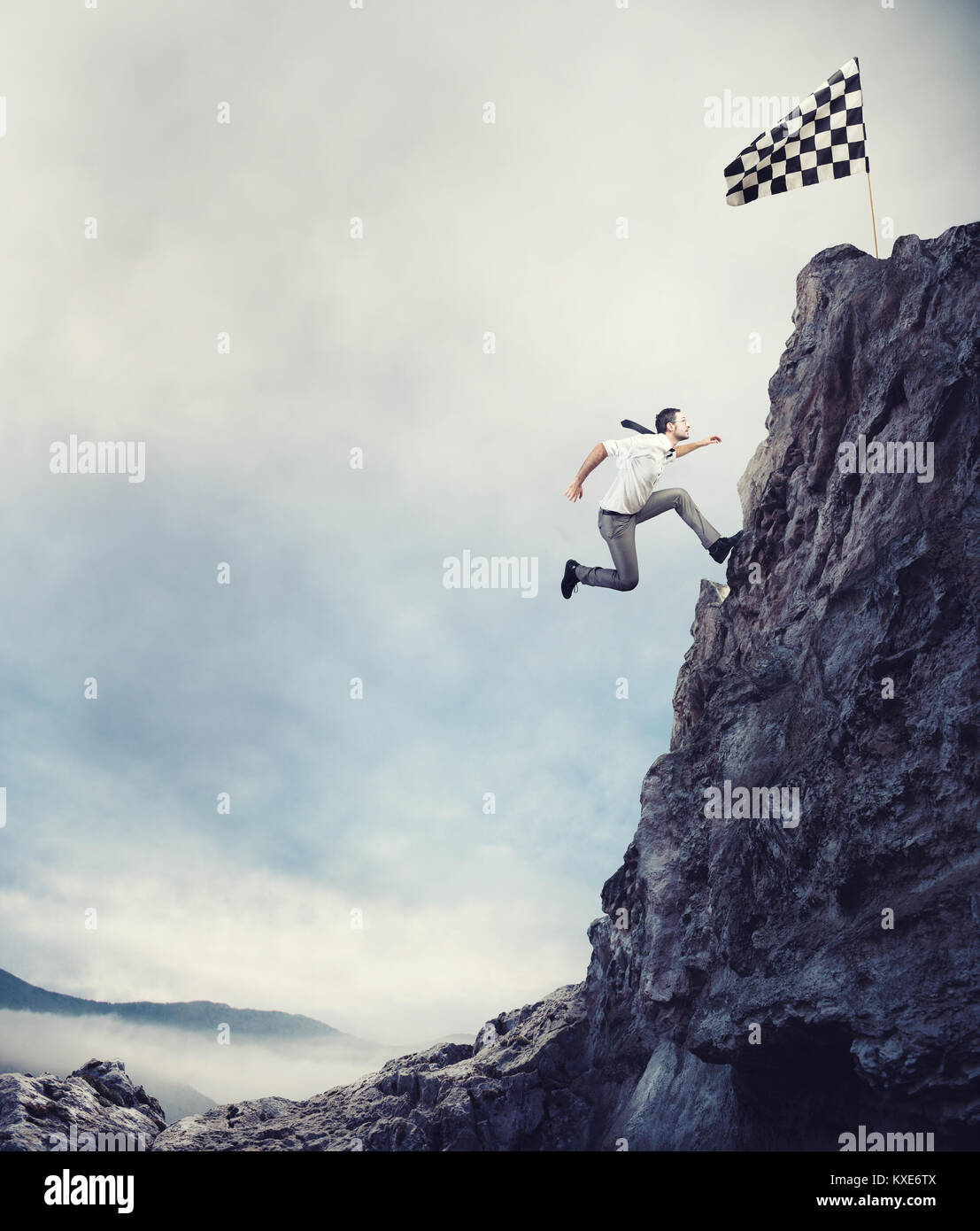 Reach the flag. Achievement business goal and difficult career concept ...