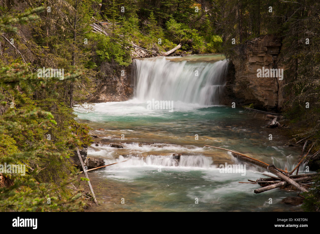 Horizontal waterfall at Johnston Canyon at Banff National Park Stock ...