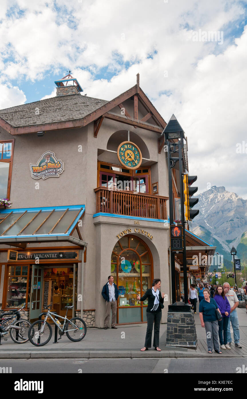 Unique architecture in the town of Banff with mountains in the ...