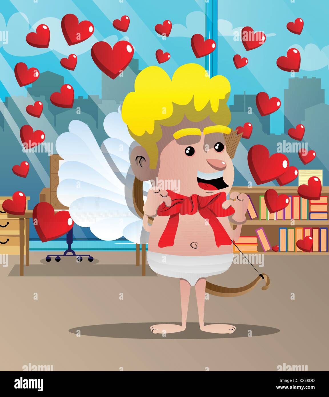 Cupid tying red ribbon on his neck. Vector cartoon character ...