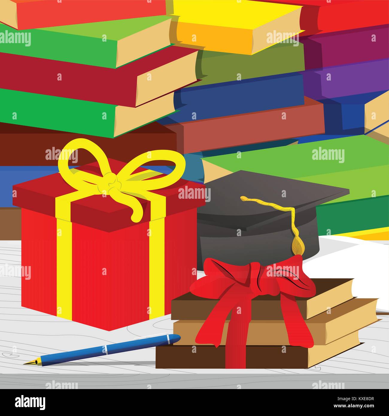 School books, pen, graduation cap with gift box and stack of books on ...