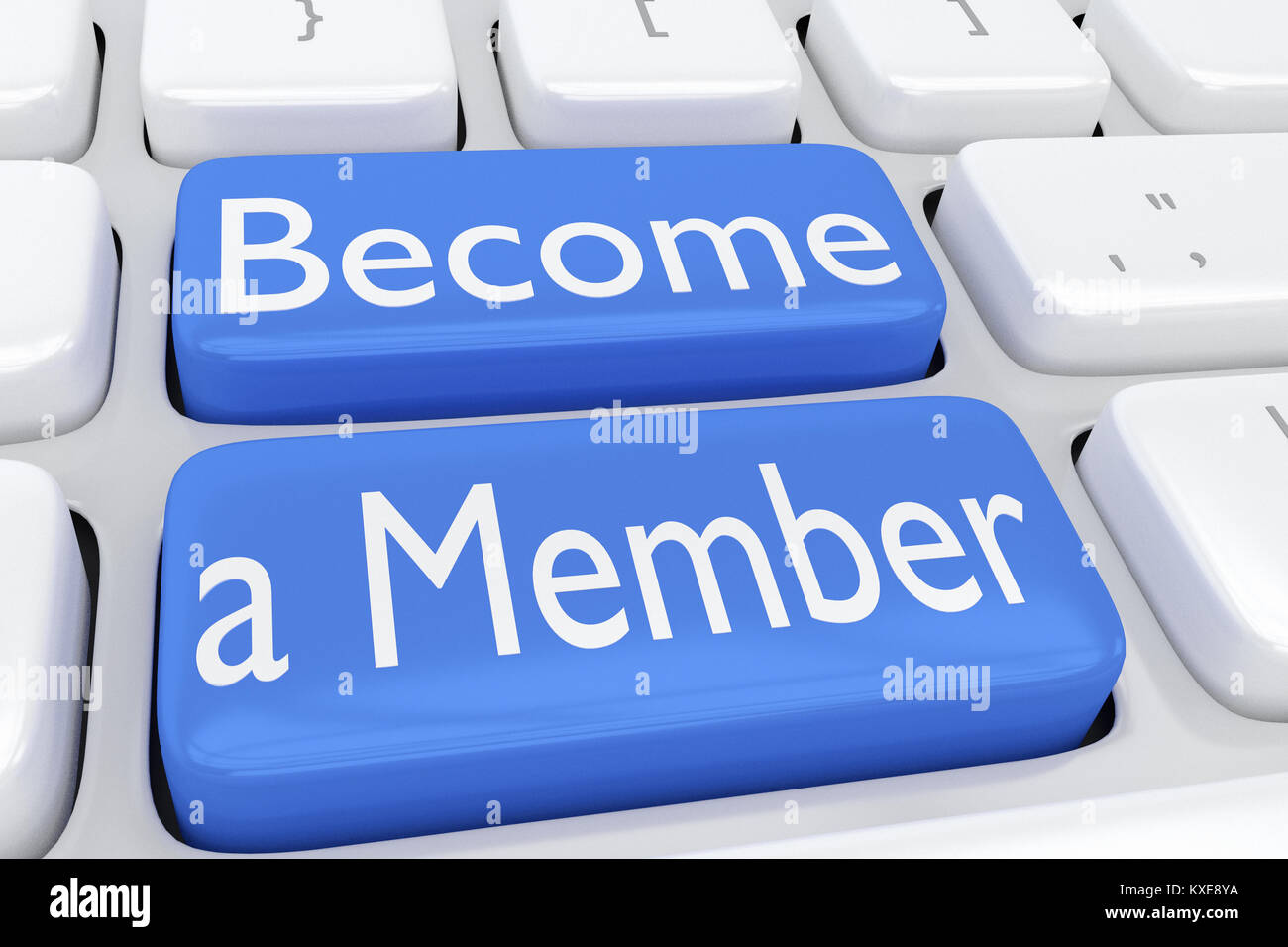 3D illustration of computer keyboard with the script Become a Member on two adjacent blue ...