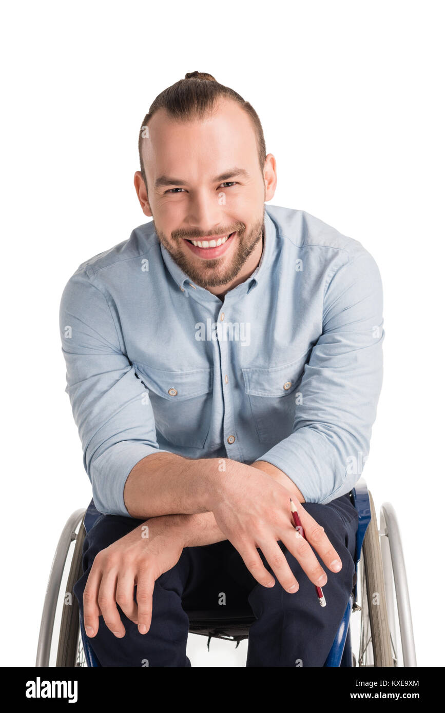 smiling man in wheelchair Stock Photo - Alamy