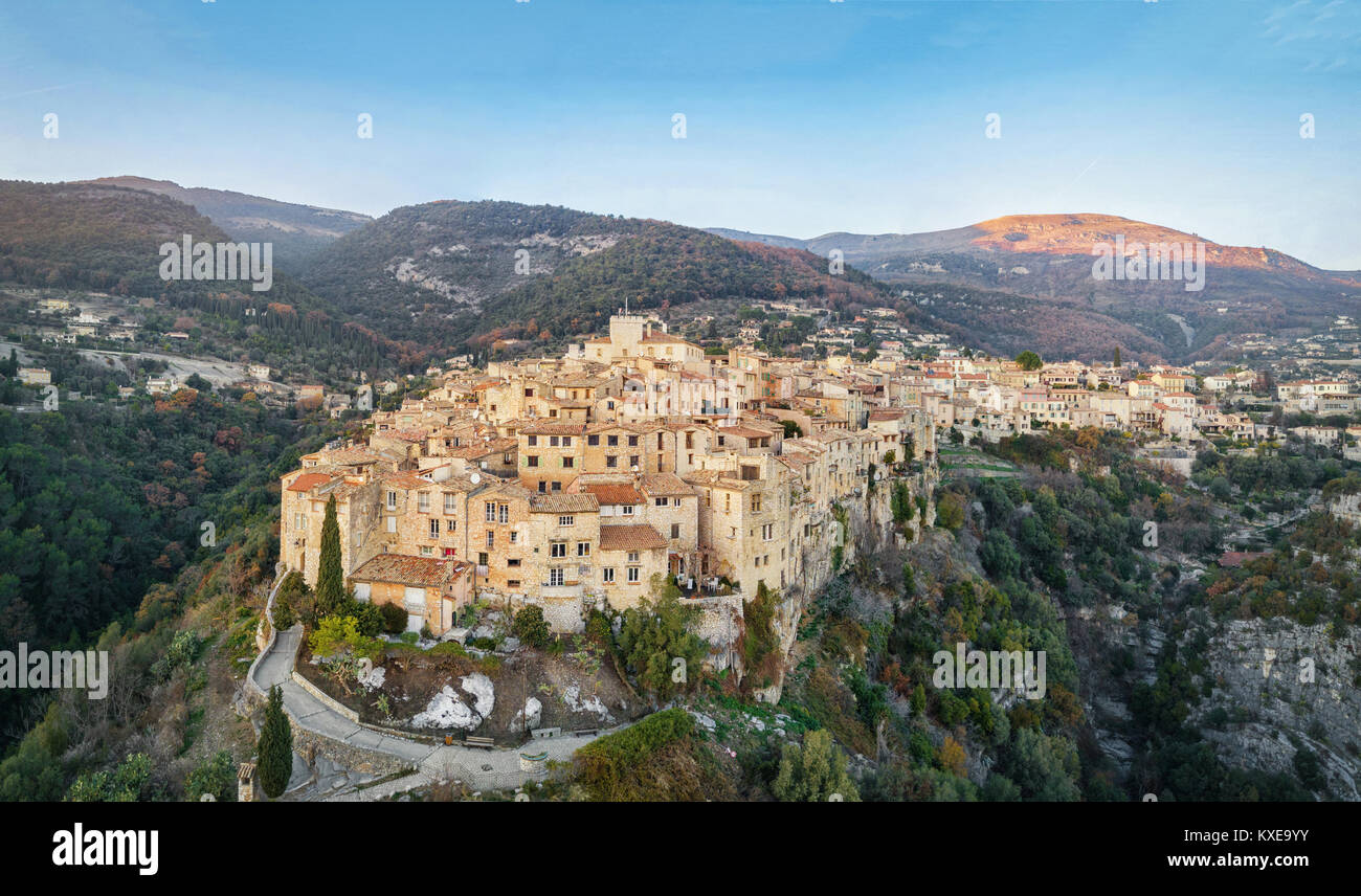Aerial view of Tourrettes-sur-Loup - medieval mountain village in Alpes ...