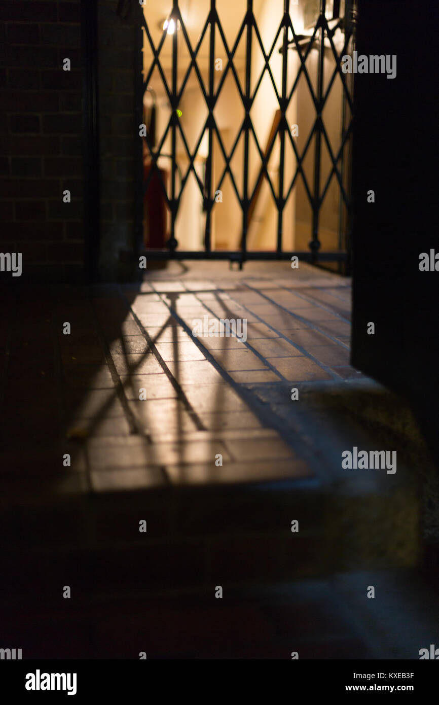 Light spills through the sliding metal gates of an old style lift Stock ...