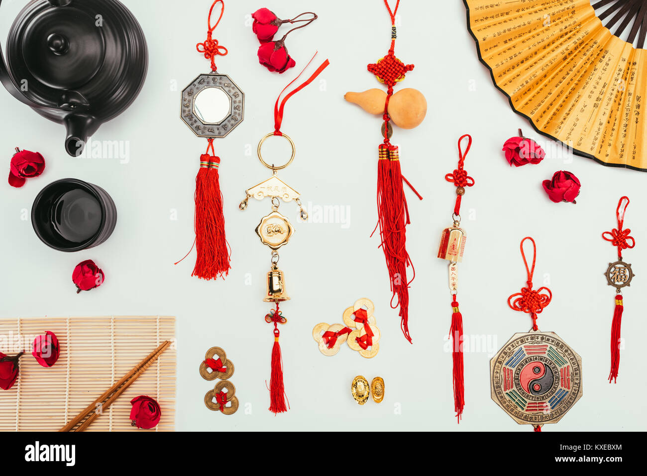 top view of traditional chinese stuff isolated on white, Chinese New ...