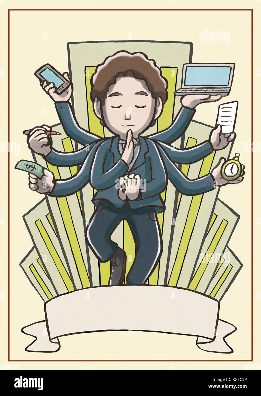 Multitasking man meditating and floating with city in background Stock ...