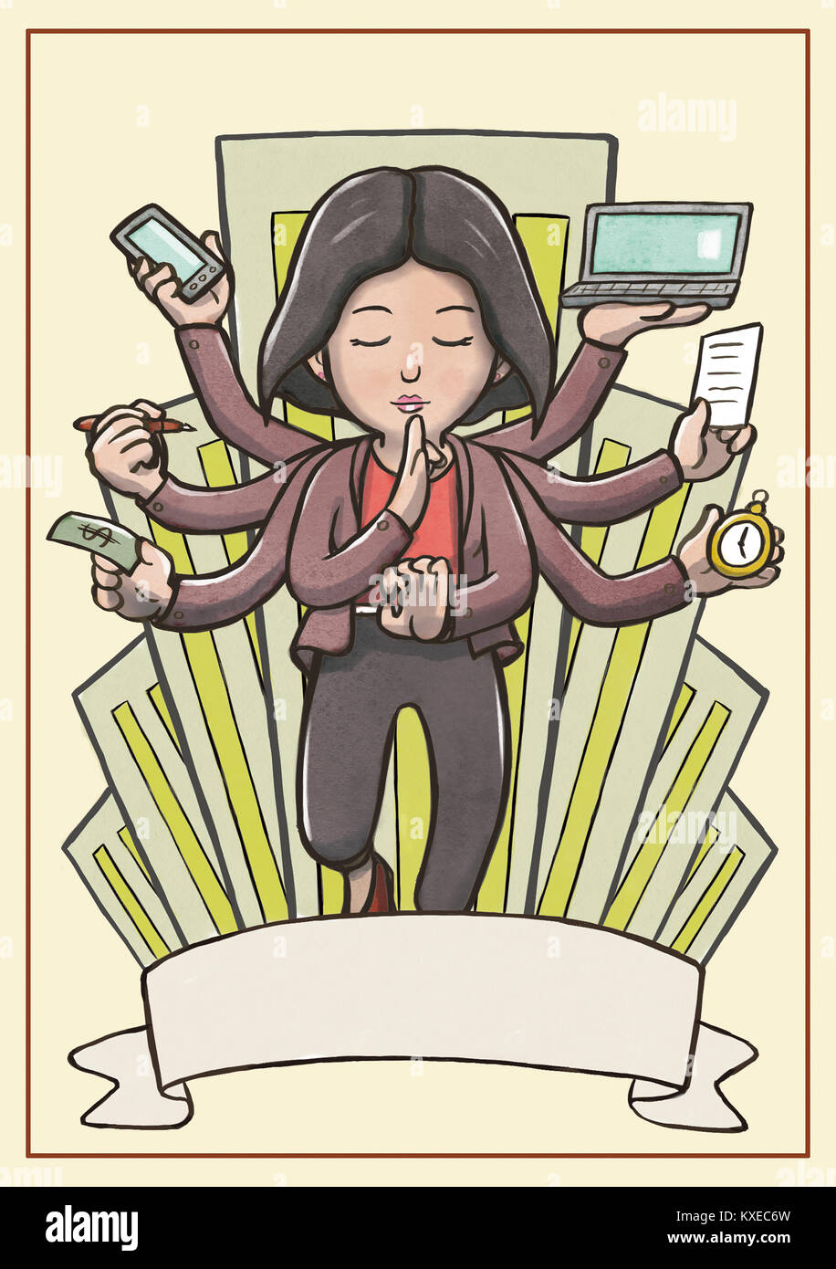 Multitasking woman meditating and floating with city in background ...