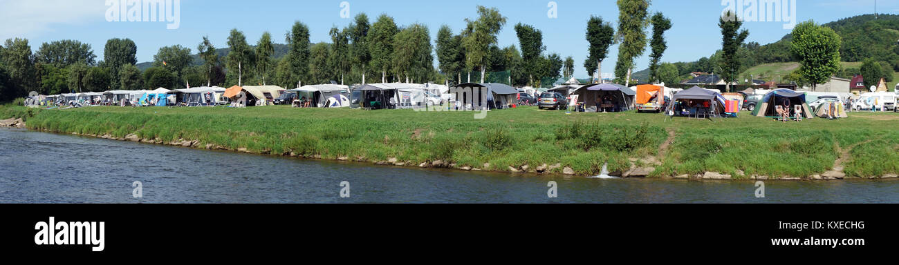 ECHTERNACH, LUXEMBOURG - CIRCA AUGUST 2016 Camping on the bank of river ...