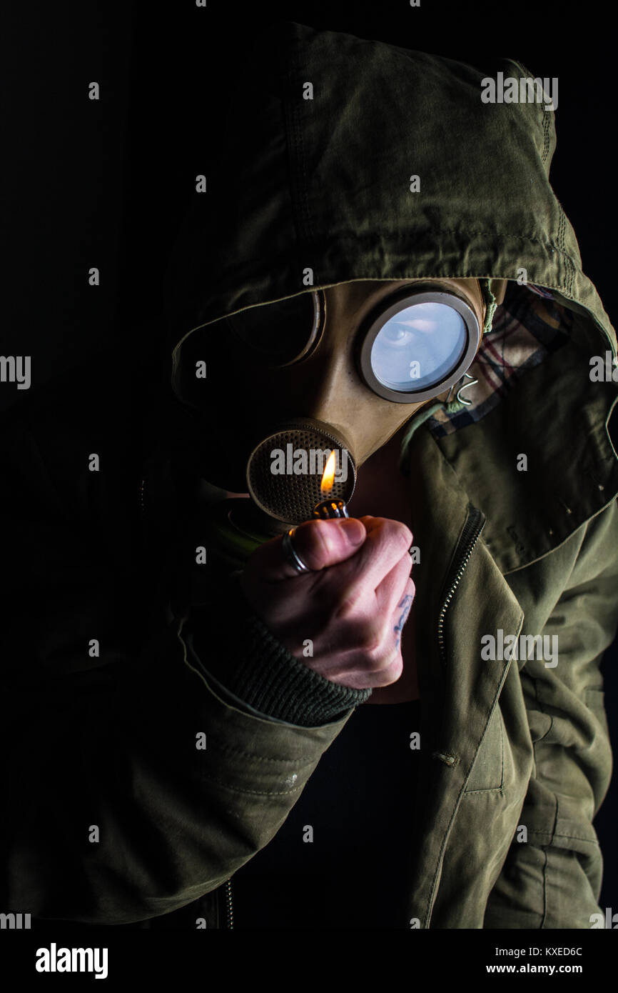 Studio shot depicting an post-apocalyptic scavenger in some underground ...