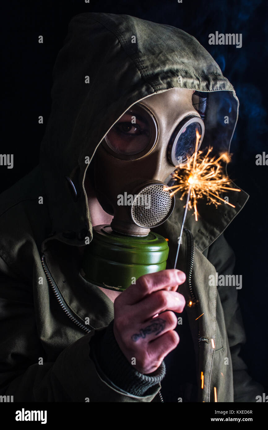 Studio shot depicting an post-apocalyptic scavenger in some underground ...