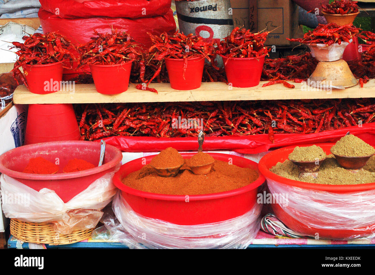 Red Mexican chili for sale at a market stall in Oaxaca, Mexico Stock ...