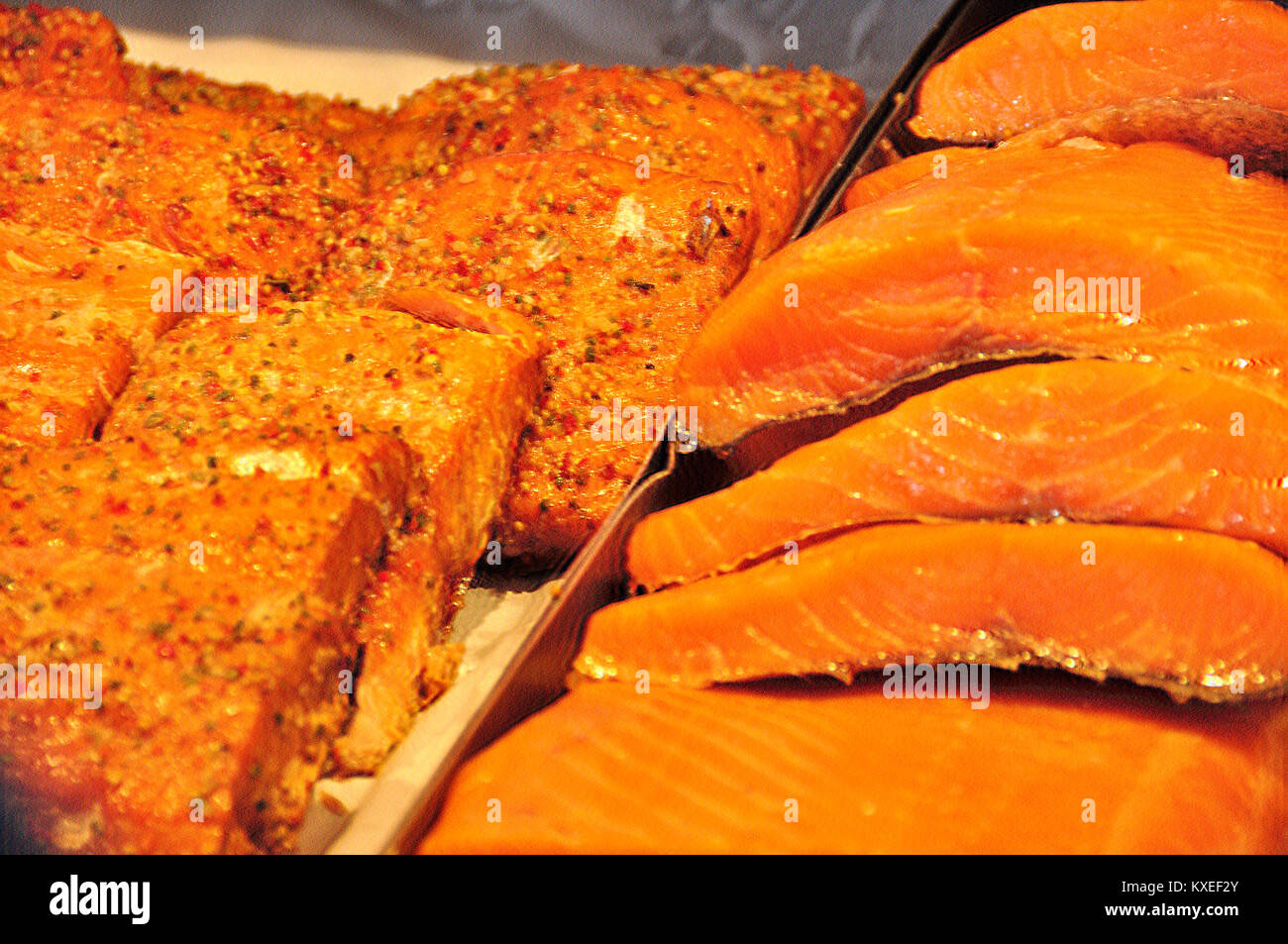 Norwegian salmon at the fish market of Bergen Norway Stock Photo - Alamy