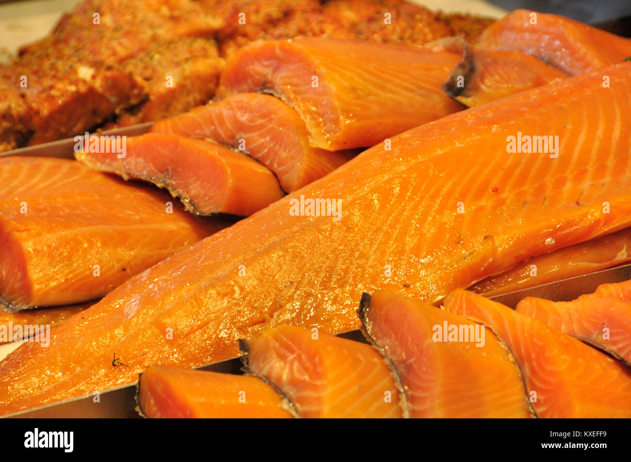 Norwegian salmon at the fish market of Bergen Norway Stock Photo - Alamy