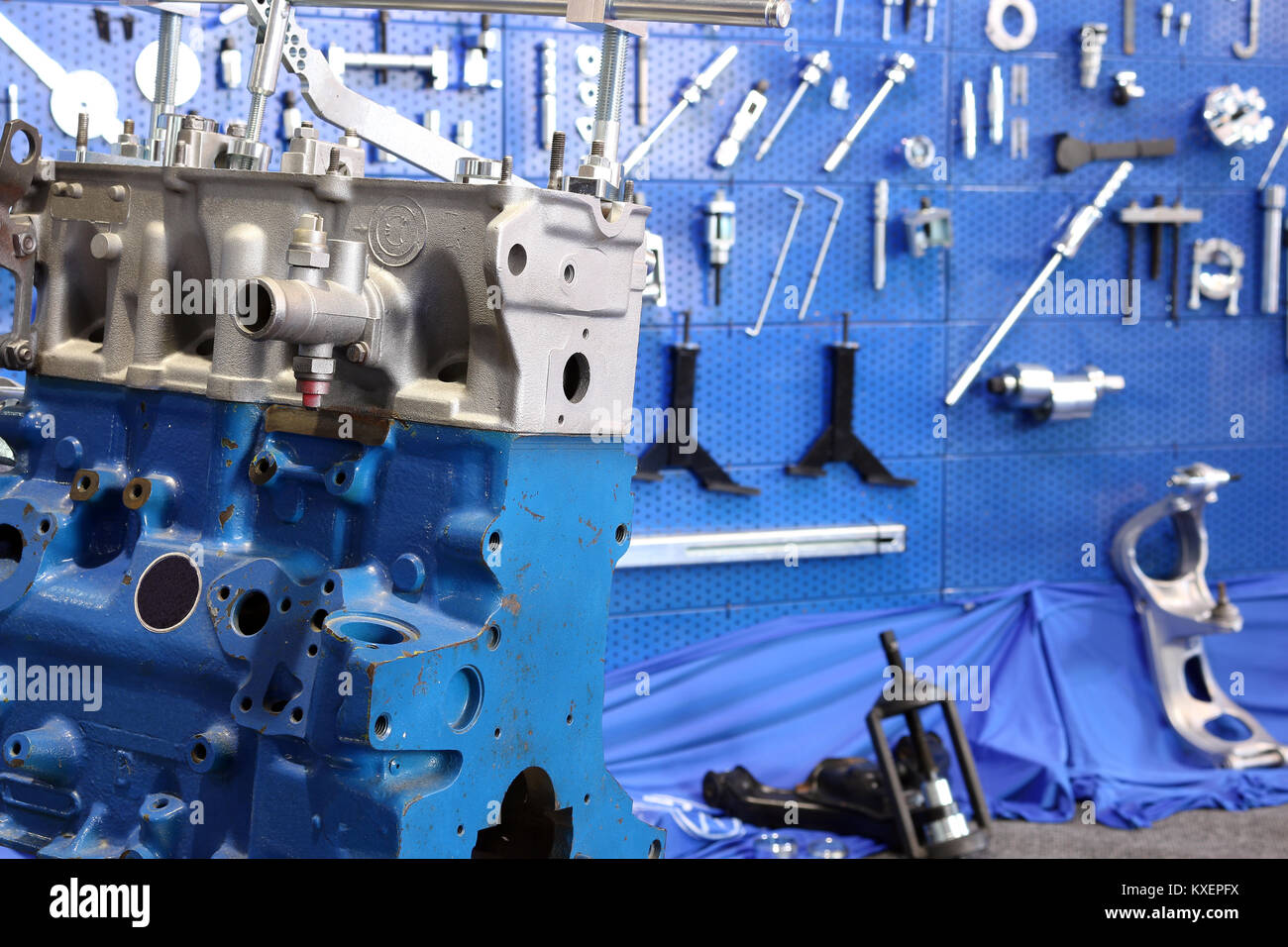 workshop with engine and tools Stock Photo - Alamy