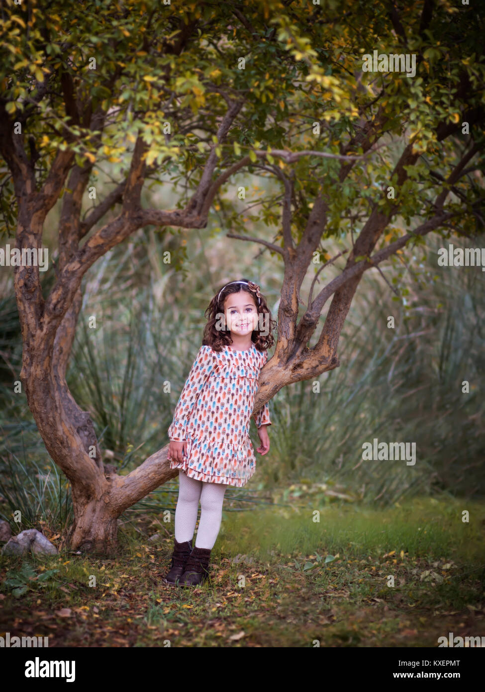 little girl is standing by the tree Stock Photo - Alamy