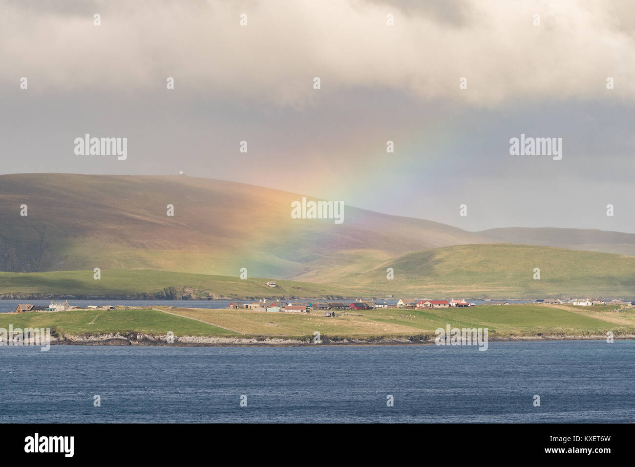 rainbow over the settlement of Scatness, Dunrossness, South Shetland ...