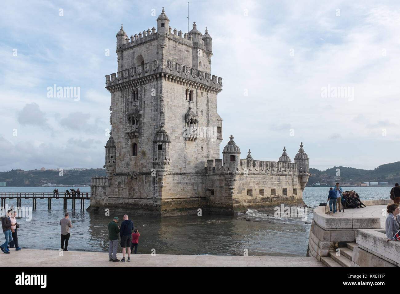 Belem Tower, a medieval fortified tower on the Tagus River in Lisbon ...