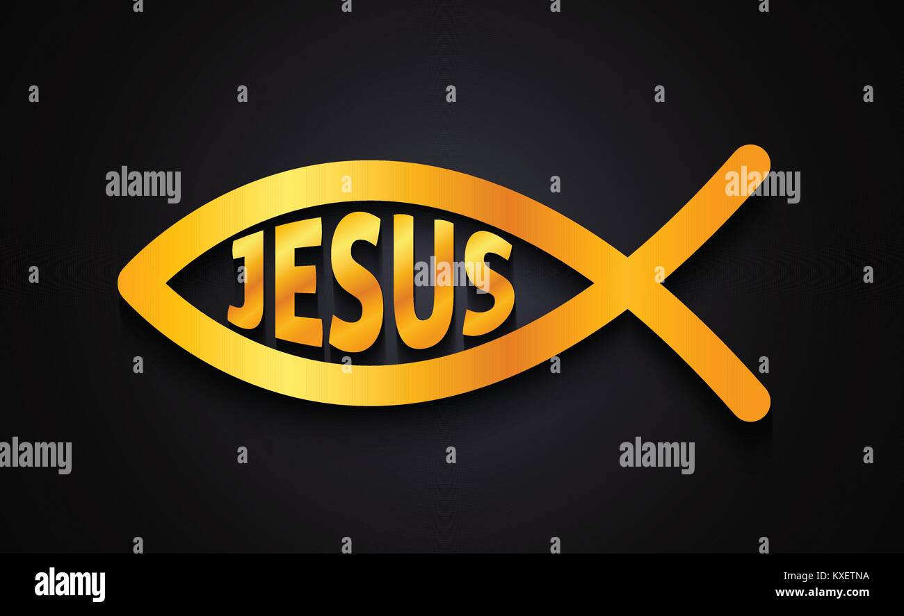 Golden Jesus christian symbol fish icon on black background Stock ...
