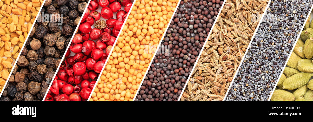 Various spice seeds collage, banner Stock Photo - Alamy